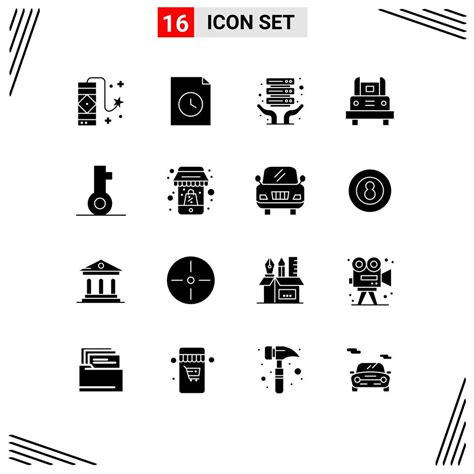 modern set of 16 solid glyphs and symbols such as password key server hosting travel transport