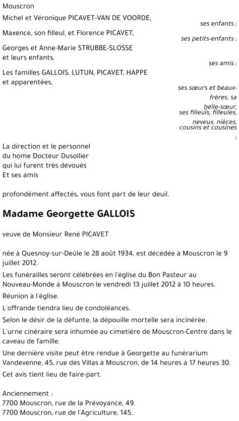 Avis De Décès De Georgette Gallois Décédé Le 09 07 2012 à Mouscron Annonce Condoléances