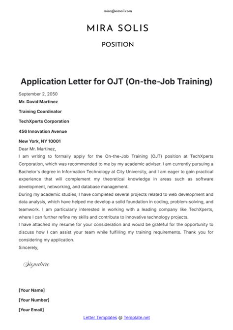 Free Application Letter For Ojt On The Job Training Template To Edit