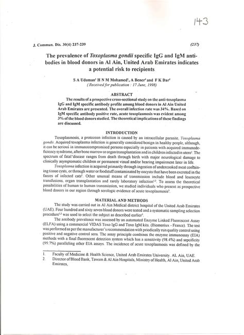 Pdf The Prevalence Of Toxoplasma Gondii Specific Igg And Igm