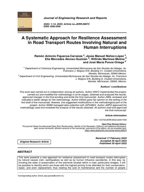 A Systematic Approach For Resilience Assessment In Road Transport Pdf System Ecological