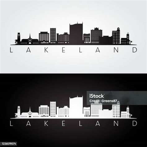 레이크 랜드 플로리다 스카이 라인과 랜드 마크 실루엣 흑백 디자인 벡터 일러스트 레이크 랜드에 대한 스톡 벡터 아트 및 기타 이미지 레이크 랜드 스카이라인 플로리다