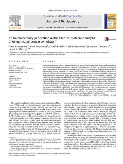 Pdf An Immunoaffinity Purification Method For The Proteomic Analysis Of Ubiquitinated Protein