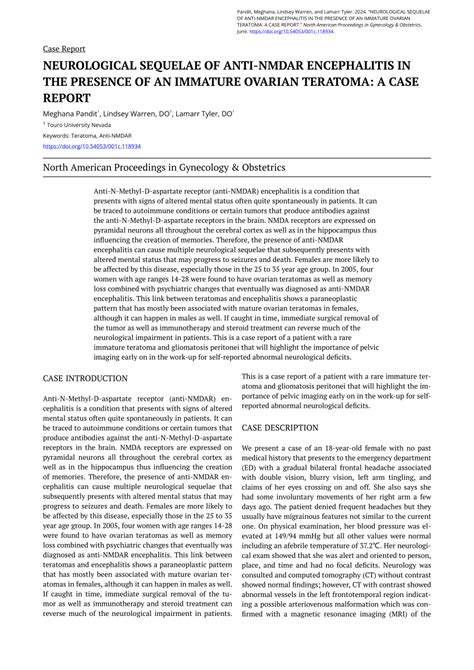 Pdf Neurological Sequelae Of Anti Nmdar Encephalitis In The Presence Of An Immature Ovarian