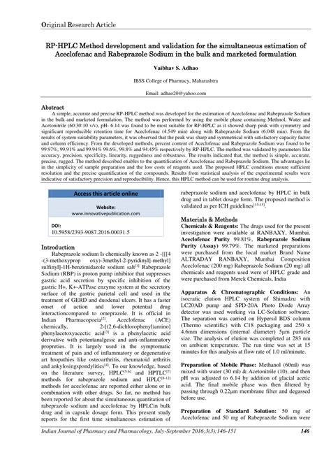 Pdf Rp Hplc Method Development And Validation For The Simultaneous Estimation Of Aceclofenac