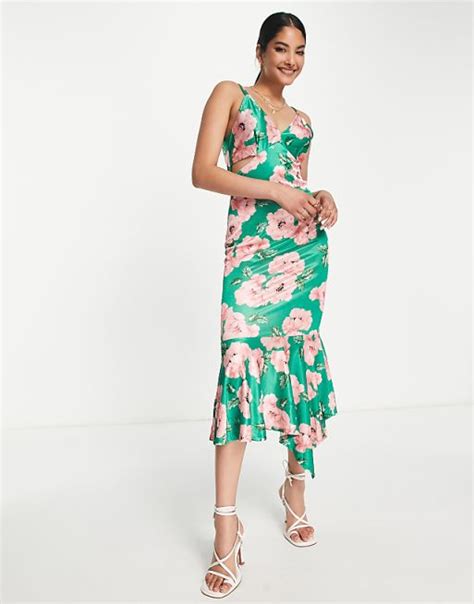 River Island Vestito Sottoveste Midi In Raso Verde Con Spalline