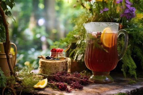 Premium Ai Image Mocktail Punch With Herbs And Ice In Outdoor Setting