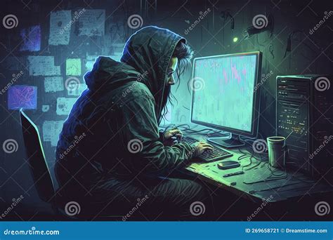 A Hacker In A Cyberpunk Suit In A Futuristic Room With Neon Lights And Holograms In A High Tech