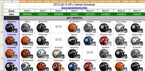 Excel Spreadsheets Help Printable 2012 NFL Schedule Spreadsheet