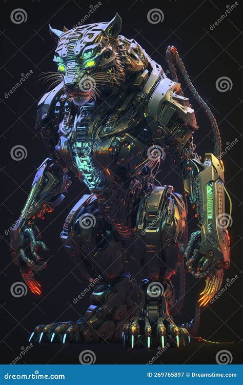 High Tech Cougar Robot Glowing Neon On Dark Background Stock