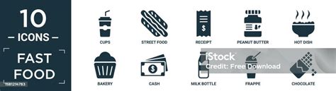 채워진 패스트 푸드 아이콘 세트입니다 플랫 컵 길거리 음식 영수증 땅콩 버터 뜨거운 요리 빵집 현금 우유 병 프라페 초콜릿