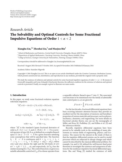 Pdf The Solvability And Optimal Controls For Some Fractional Impulsive Equations Of Order 1