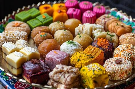 Bal Mithai Sweets On A Colorful Platter Premium Ai Generated Image