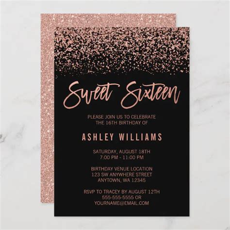 Modern Faux Rose Gold Black Glitter Sweet 16 Invitation Zazzle