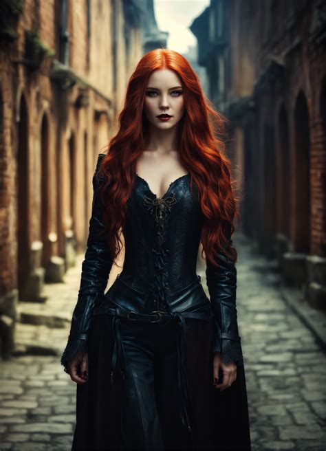 Lexica - A portrait of a beautiful redhead vampire, Symmetrical face, red eyes, long red hair ...