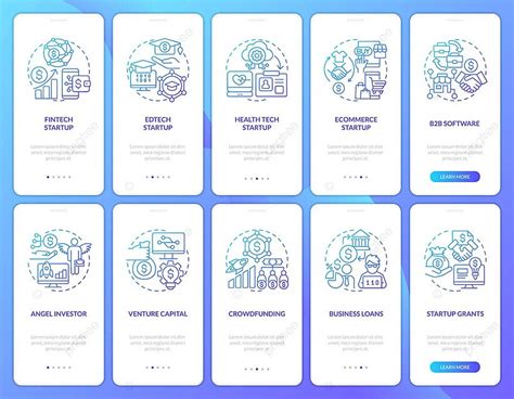Set Of Mobile App Screens For Onboarding And Funding In Blue Gradient For It Startups Vector