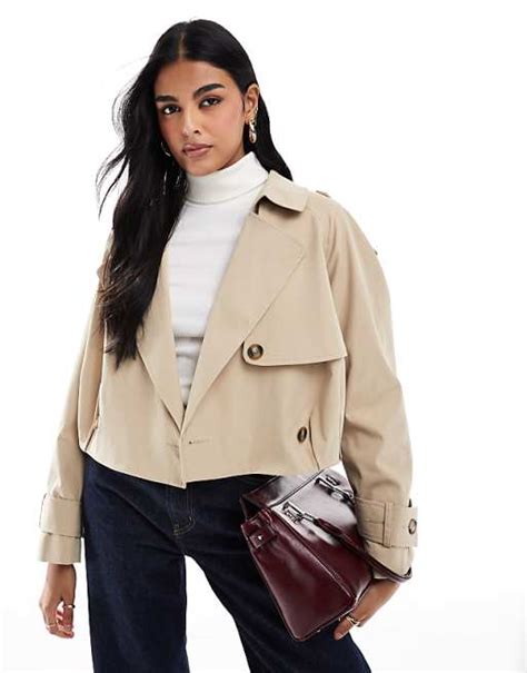 Asos Design Cropped Trenchcoat In Steinbeige Mit Ballonsaum Asos