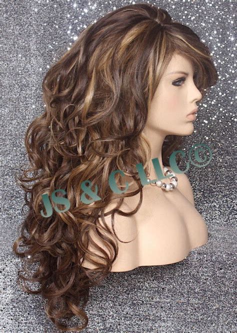Long Human Hair Blend Full Wig Heat Ok Brown Blonde Mix Curly Bang 827