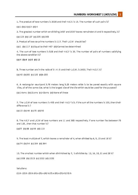 Hcf Practice It Numbers Worksheet 2 Hcflcm 1 1 The Product Of