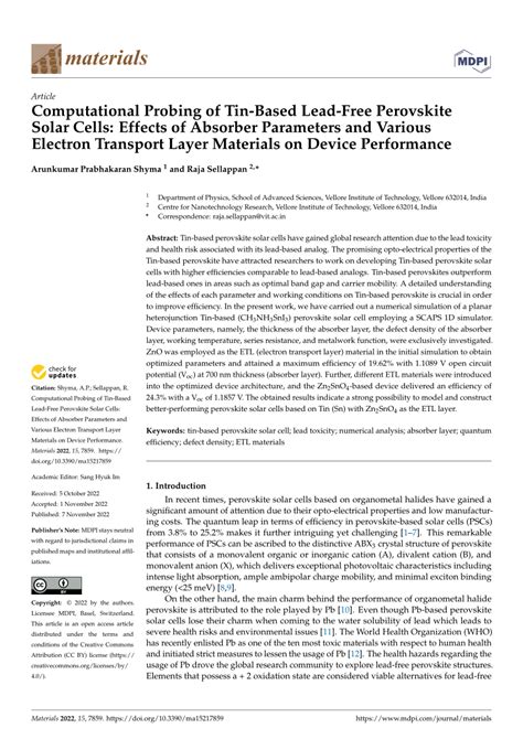 Pdf Computational Probing Of Tin Based Lead Free Perovskite Solar