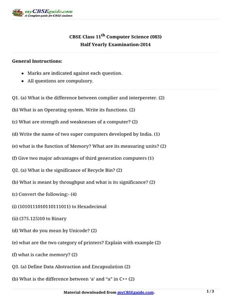 cbse class 11 computer science 083 half yearly examination 2014 pdf