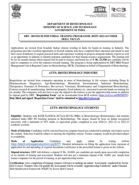 bitp call advertisement 2023 24 pdf biotechnology apprenticeship