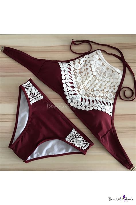 Sexy Cutout Lace Patchwork Halter Tied Back Bikinis