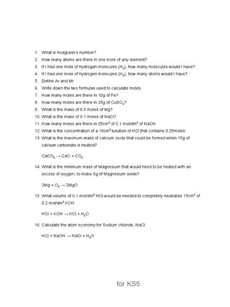 Worksheet Revision Calculations Ks5 Pdf Mole Unit Molecules