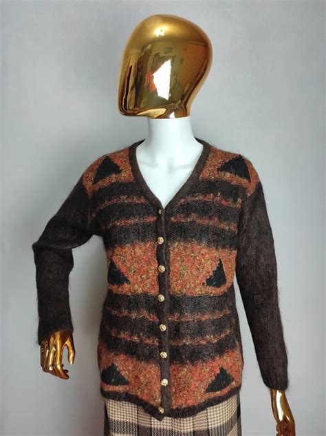 80s Mohair Wool Cardigan Merino Wool Knitted Cardigan Geometric