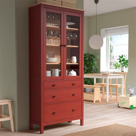 Hemnes Glass Door Cabinet With 3 Drawers Red Stained Light Brown