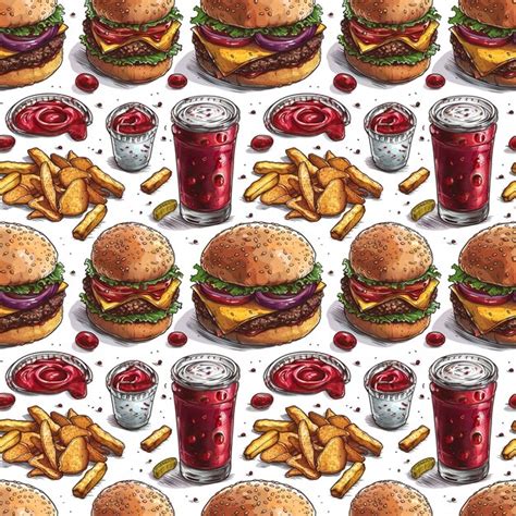 Premium Photo Seamless Pattern Fast Food Vector Style Hamburgers