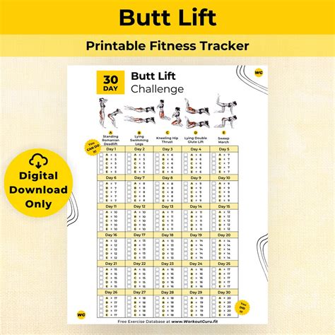 30 Day Booty Lift Challenge Printable Workout Tracker Butt Workout