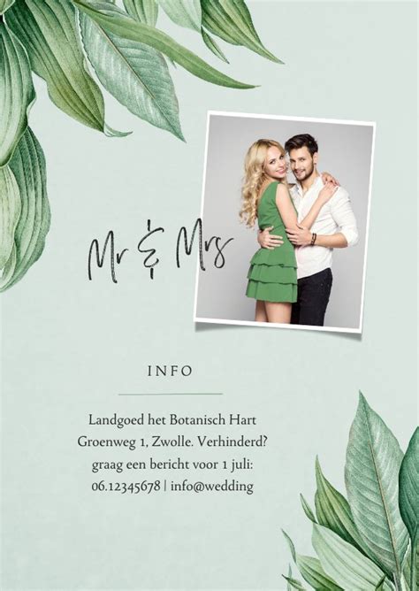 Trouwkaart Botanisch Groen Bladeren Stijlvol Kaartje Go
