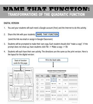 Graphing Quadratic Functions Transformations Vertex Standard Form Activity