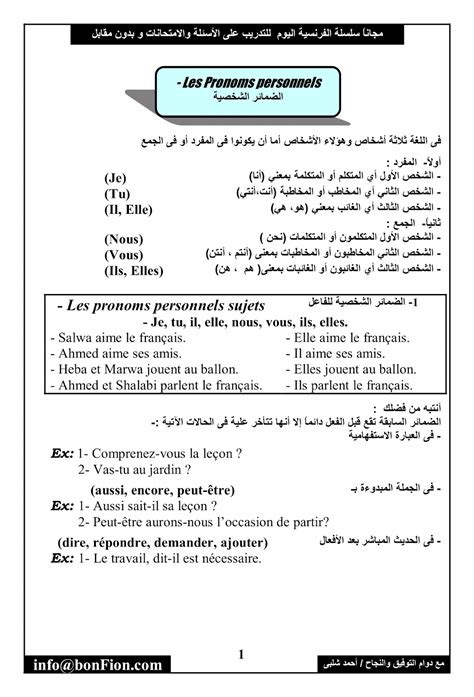 شرح مميز لدرس الضمائر الشخصية في الفرنسية les pronoms personnels