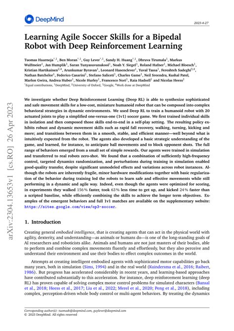 Pdf Learning Agile Soccer Skills For A Bipedal Robot With Deep