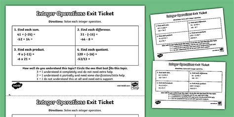 Seventh Grade Integer Operations Exit Ticket Teacher Made