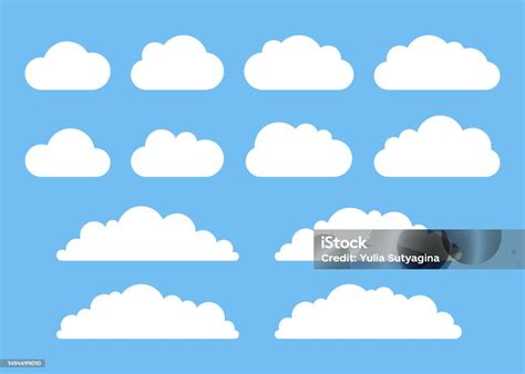 푸른 하늘에 흰 구름 모양이 있고 날씨 아이콘이다 다른 구름의 간단한 플랫 스타일입니다 웹 및 인쇄를 위한 그래픽 요소 컬렉션입니다 벡터 개체 그룹에 대한 스톡 벡터 아트