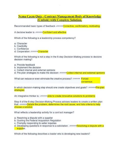 Ncma Cpcm Quiz Contract Management Body Of Knowledge Cmbok With Complete Solution Ncma