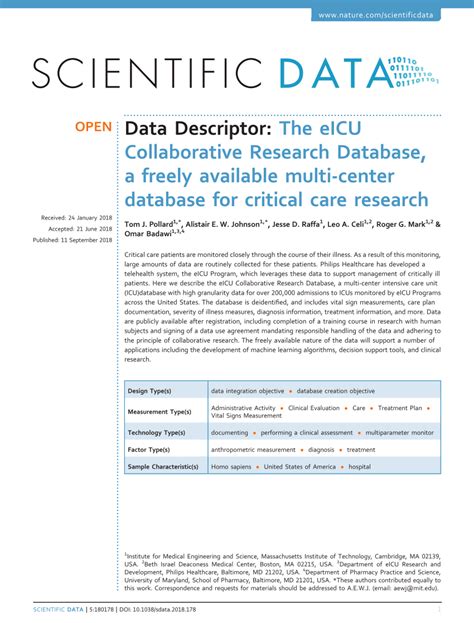 Pdf The Eicu Collaborative Research Database A Freely Available