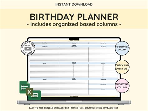 Excel Birthday Spreadsheet I Information Column I Checklist I Guestlist I Budgeting Column I Etsy