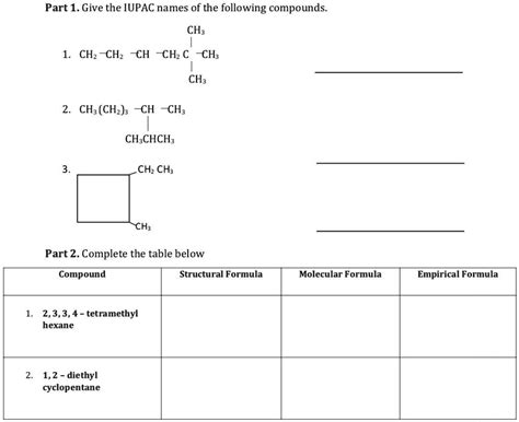 SOLVED: Part 1. Give the IUPAC names of the following compounds: 1. CH3CH3 - Ethane 2 ...