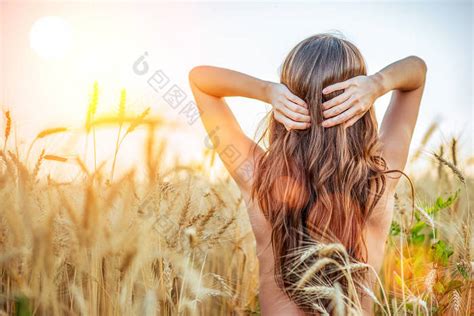一个女孩在领域调整她的头发赤裸的身躯留着图片 包图网企业站