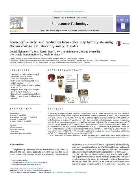 Pdf Fermentative Lactic Acid Production From Coffee Pulp Hydrolysate Using Bacillus Coagulans