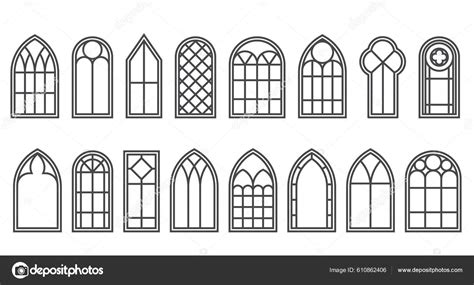 Gothic Windows Outline Set Silhouette Vintage Stained Glass Church