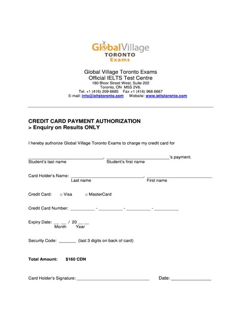 Fillable Online Global Village Toronto Exams Credit Card Payment Authorization Fax Email Print