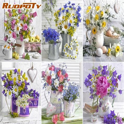 Ruopoty 60x75cm 숫자로 페인트 성인용 꽃 그림 캔버스에 숫자로 색칠 홈 데코 아크릴 페인트 수공예품 및 바느질