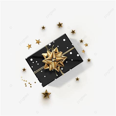 반짝이는 골드 리본이 달린 검은 선물 일러스트 상자와 색종이 조각과 별이 뿌려졌습니다 놀라다 크리스마스 금 Png 일러스트 및 Psd 이미지 무료 다운로드
