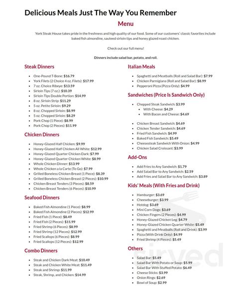 Menu For York Steak House In Columbus Oh Sirved
