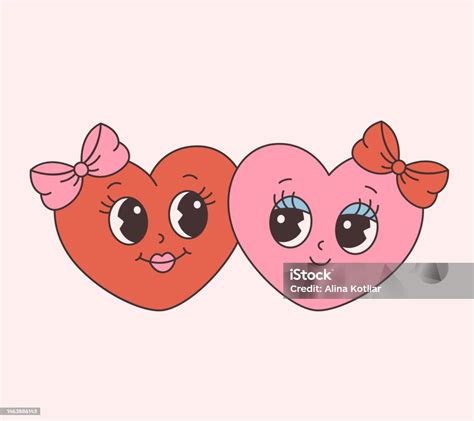 트렌디 한 복고풍 만화 하트 캐릭터 그루비 스타일 빈티지 70년대 60년대 미학 해피 발렌타인 데이 레즈비언 커플 플랫 스타일의